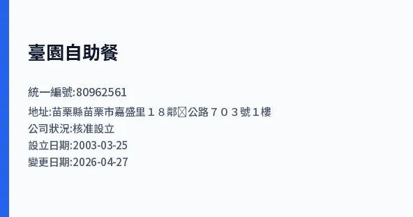 臺園自助餐的照片-統編 80962561(苗栗縣) 公司登記資料與營業項目詳細圖表