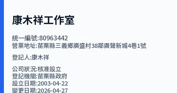 康木祥工作室的照片-統編 80963442(苗栗縣) 公司登記資料與營業項目詳細圖表