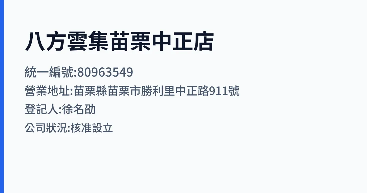 八方雲集苗栗中正店 - 統編 80963549(苗栗縣) 公司登記資料與營業項目詳細圖表