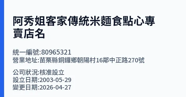 阿秀姐客家傳統米麵食點心專賣店名的照片-統編 80965321(苗栗縣) 公司登記資料與營業項目詳細圖表