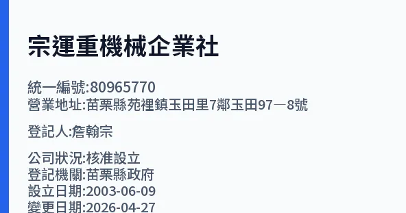 宗運重機械企業社的照片-統編 80965770(苗栗縣) 公司登記資料與營業項目詳細圖表