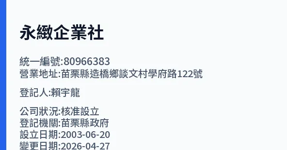 永緻企業社的照片-統編 80966383(苗栗縣) 公司登記資料與營業項目詳細圖表
