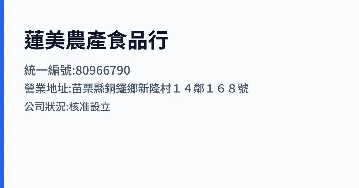 蓮美農產食品行 - 統編 80966790(苗栗縣) 公司登記資料與營業項目詳細圖表