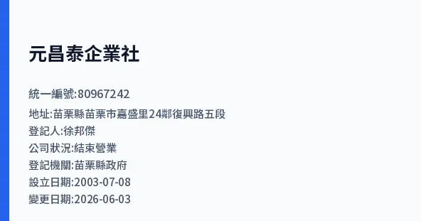 元昌泰企業社的照片-統編 80967242(苗栗縣) 公司登記資料與營業項目詳細圖表