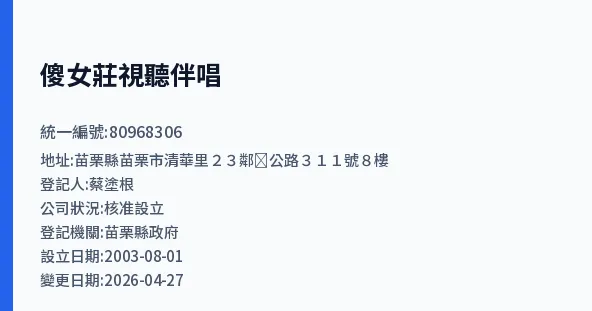 傻女莊視聽伴唱的照片-統編 80968306(苗栗縣) 公司登記資料與營業項目詳細圖表