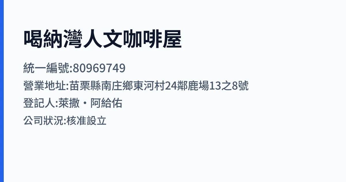 喝納灣人文咖啡屋 - 統編 80969749（苗栗縣） 公司登記資料與營業項目詳細圖表