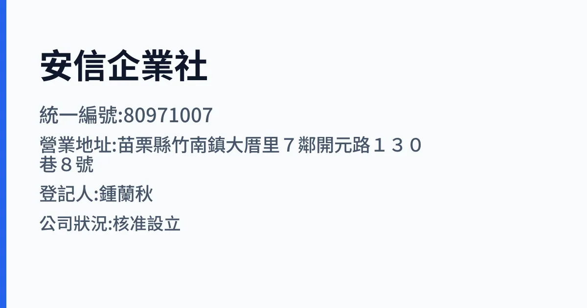 安信企業社 - 統編 80971007(苗栗縣) 公司登記資料與營業項目詳細圖表