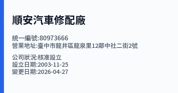 順安汽車修配廠的照片-統編 80973666(臺中市) 公司登記資料與營業項目詳細圖表
