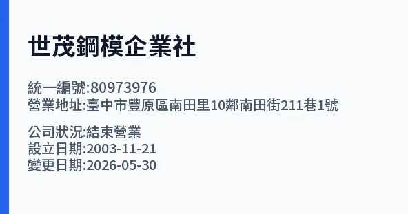 世茂鋼模企業社的照片-統編 80973976(臺中市) 公司登記資料與營業項目詳細圖表