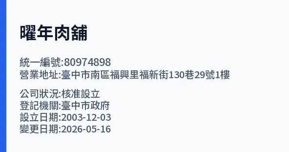 曜年肉舖的照片-統編 80974898(臺中市) 公司登記資料與營業項目詳細圖表