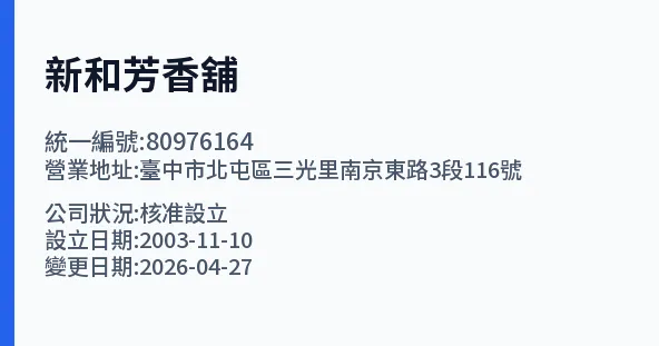 新和芳香舖的照片-統編 80976164(臺中市) 公司登記資料與營業項目詳細圖表