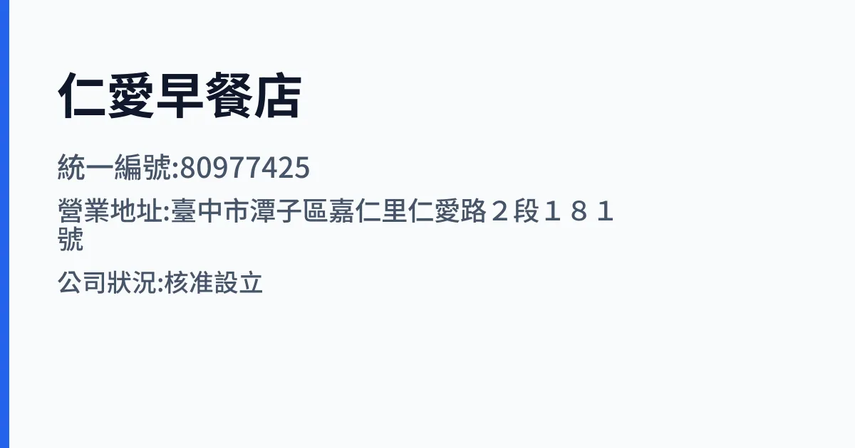 仁愛早餐店 - 統編 80977425(臺中市) 公司登記資料與營業項目詳細圖表