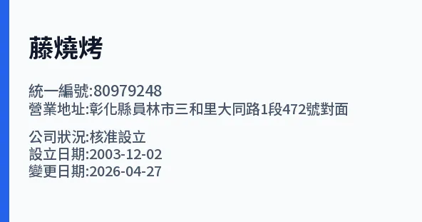 藤燒烤的照片-統編 80979248(彰化縣) 公司登記資料與營業項目詳細圖表