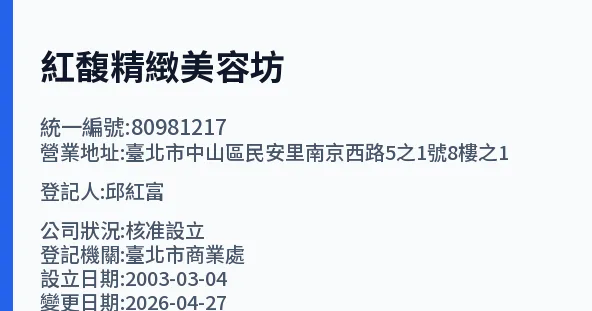 紅馥精緻美容坊的照片-統編 80981217(臺北市) 公司登記資料與營業項目詳細圖表