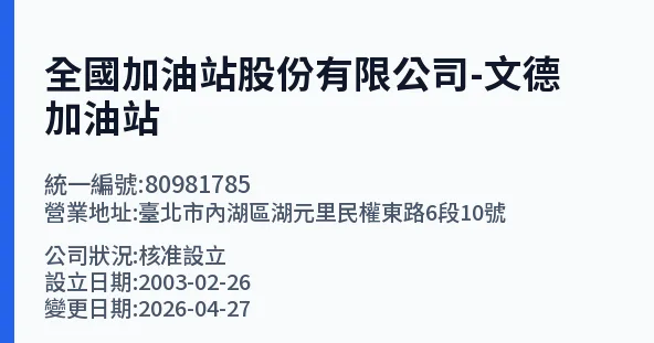 全國加油站股份有限公司-文德加油站的照片-統編 80981785(臺北市) 公司登記資料與營業項目詳細圖表