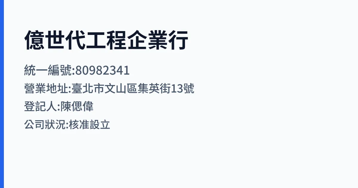 億世代工程企業行 - 統編 80982341(臺北市) 公司登記資料與營業項目詳細圖表