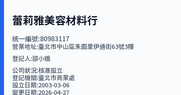 蕾莉雅美容材料行的照片-統編 80983117(臺北市) 公司登記資料與營業項目詳細圖表