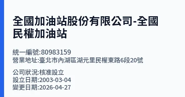 全國加油站股份有限公司-全國民權加油站的照片-統編 80983159(臺北市) 公司登記資料與營業項目詳細圖表