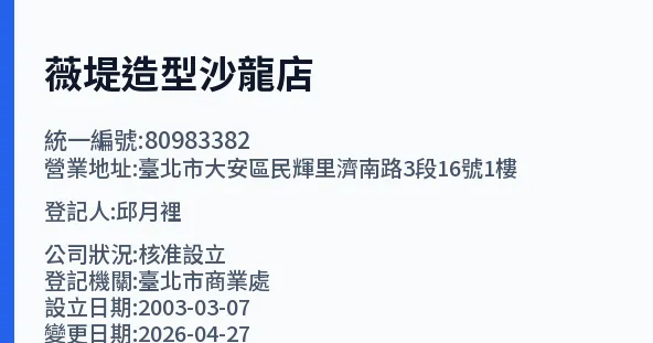 薇堤造型沙龍店的照片-統編 80983382(臺北市) 公司登記資料與營業項目詳細圖表