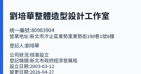 劉培華整體造型設計工作室的照片-統編 80983904(新北市) 公司登記資料與營業項目詳細圖表