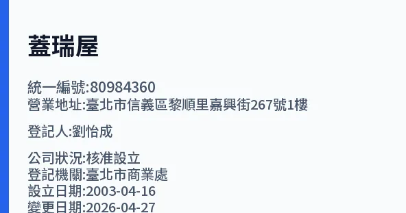 蓋瑞屋的照片-統編 80984360(臺北市) 公司登記資料與營業項目詳細圖表