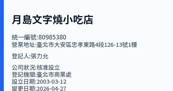 月島文字燒小吃店的照片-統編 80985380(臺北市) 公司登記資料與營業項目詳細圖表
