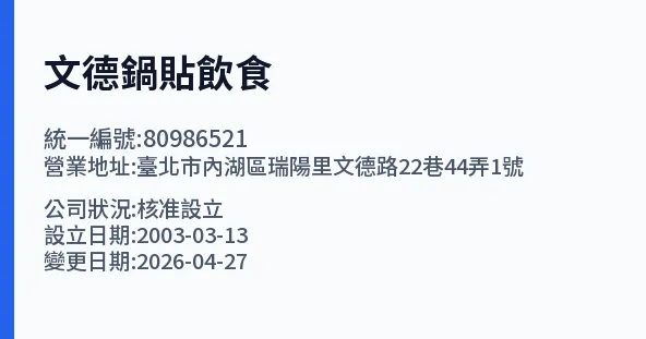 文德鍋貼飲食的照片-統編 80986521(臺北市) 公司登記資料與營業項目詳細圖表