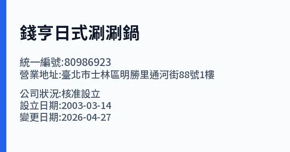 錢亨日式涮涮鍋的照片-統編 80986923(臺北市) 公司登記資料與營業項目詳細圖表