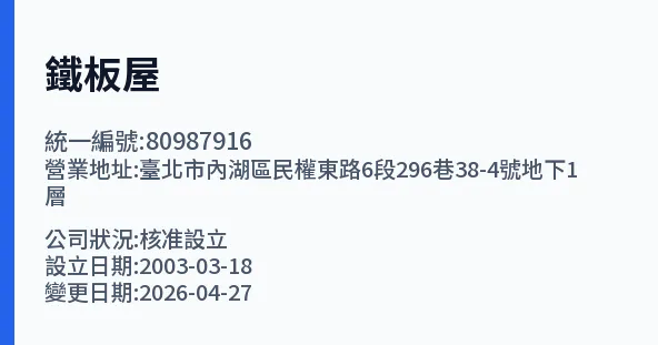鐵板屋的照片-統編 80987916(臺北市) 公司登記資料與營業項目詳細圖表