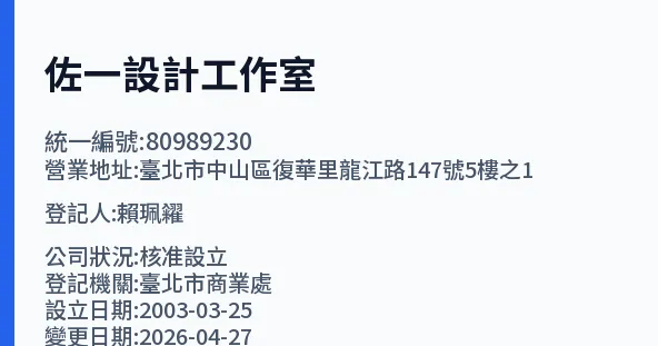 佐一設計工作室的照片-統編 80989230(臺北市) 公司登記資料與營業項目詳細圖表