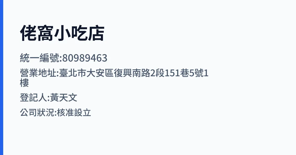 佬窩小吃店 - 統編 80989463(臺北市) 公司登記資料與營業項目詳細圖表