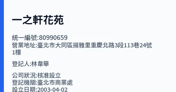 一之軒花苑的照片-統編 80990659(臺北市) 公司登記資料與營業項目詳細圖表
