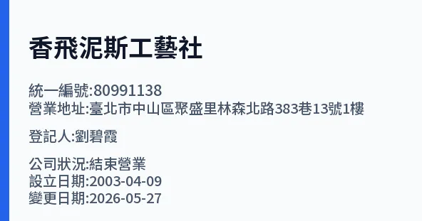 香飛泥斯工藝社的照片-統編 80991138(臺北市) 公司登記資料與營業項目詳細圖表
