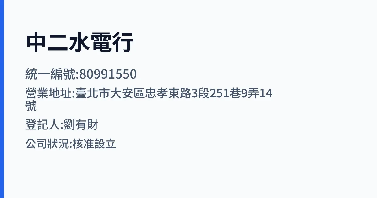 中二水電行 - 統編 80991550(臺北市) 公司登記資料與營業項目詳細圖表