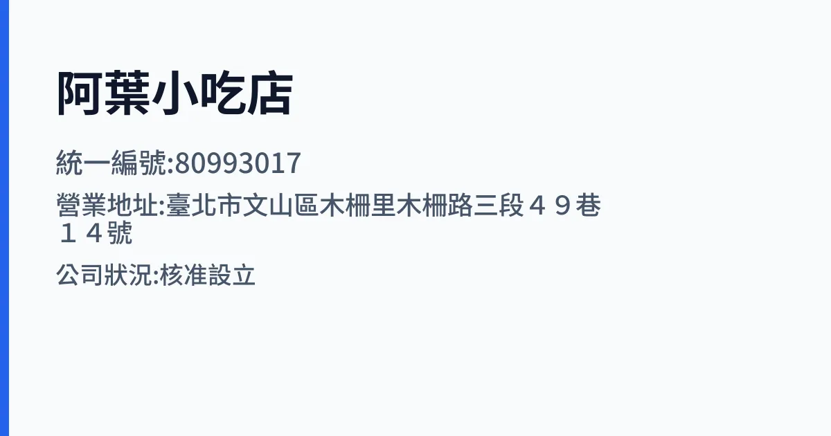 阿葉小吃店 - 統編 80993017(臺北市) 公司登記資料與營業項目詳細圖表