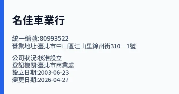 名佳車業行的照片-統編 80993522(臺北市) 公司登記資料與營業項目詳細圖表