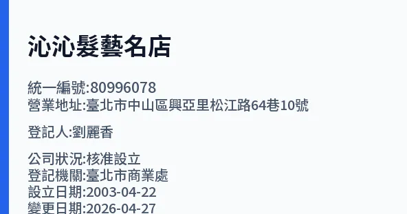 沁沁髮藝名店的照片-統編 80996078(臺北市) 公司登記資料與營業項目詳細圖表