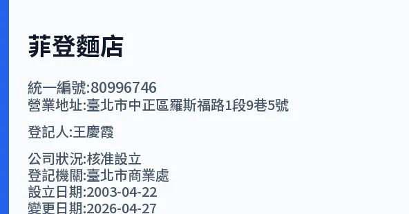 菲登麵店的照片-統編 80996746(臺北市) 公司登記資料與營業項目詳細圖表