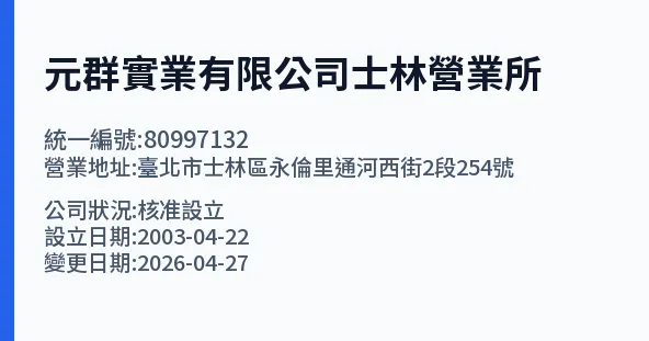 元群實業有限公司士林營業所的照片-統編 80997132(臺北市) 公司登記資料與營業項目詳細圖表