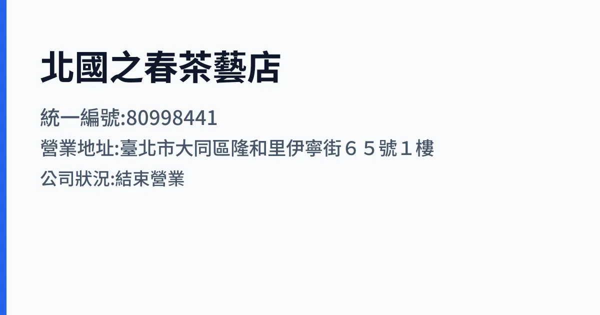 北國之春茶藝店 - 統編 80998441(臺北市) 公司登記資料與營業項目詳細圖表