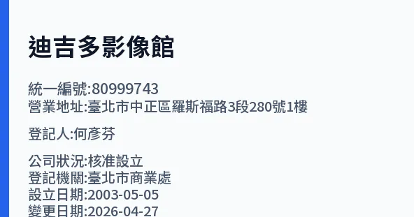 迪吉多影像館的照片-統編 80999743(臺北市) 公司登記資料與營業項目詳細圖表
