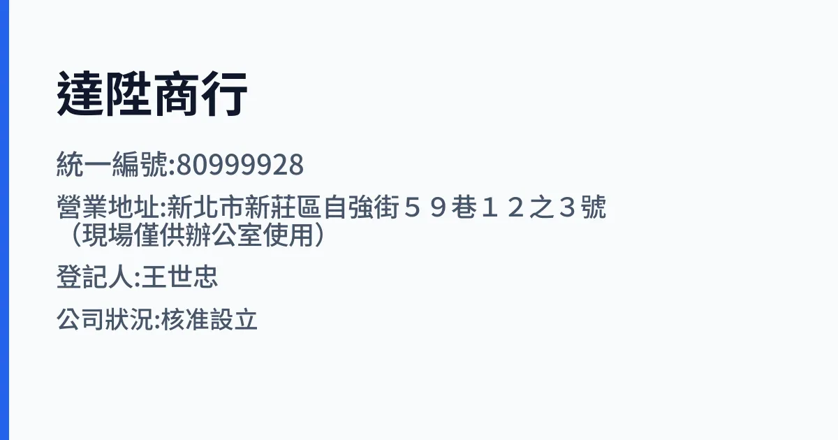 達陞商行 - 統編 80999928(新北市) 公司登記資料與營業項目詳細圖表
