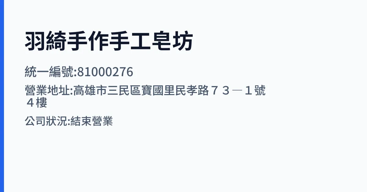 羽綺手作手工皂坊 - 統編 81000276(高雄市) 公司登記資料與營業項目詳細圖表
