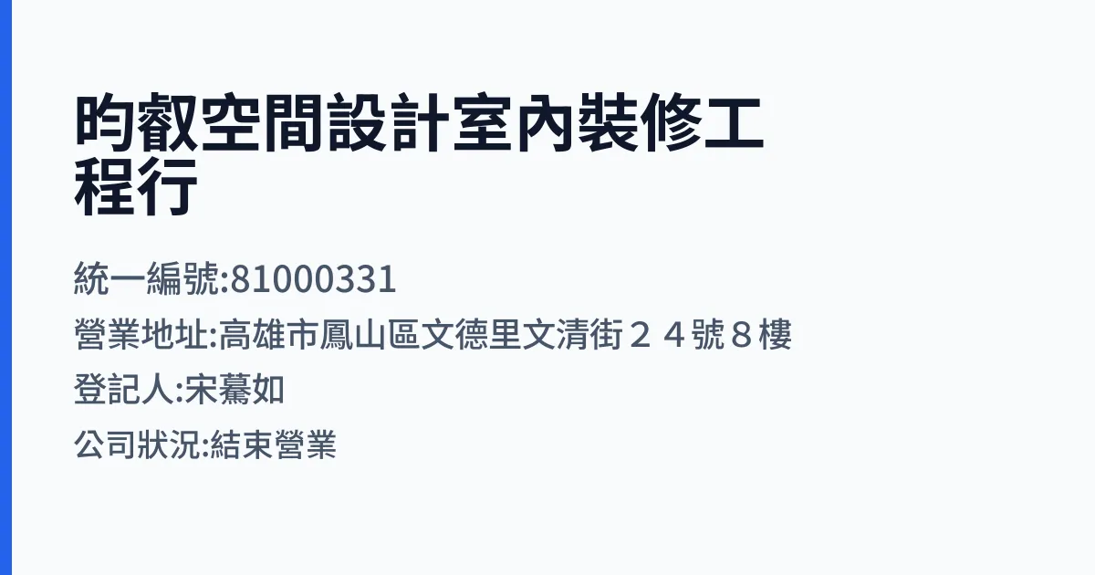 昀叡空間設計室內裝修工程行 - 統編 81000331(高雄市) 公司登記資料與營業項目詳細圖表