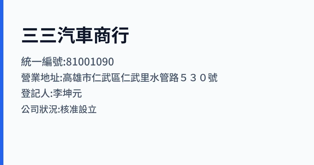 三三汽車商行 - 統編 81001090(高雄市) 公司登記資料與營業項目詳細圖表