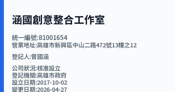 涵國創意整合工作室的照片-統編 81001654(高雄市) 公司登記資料與營業項目詳細圖表