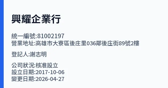 興耀企業行的照片-統編 81002197(高雄市) 公司登記資料與營業項目詳細圖表