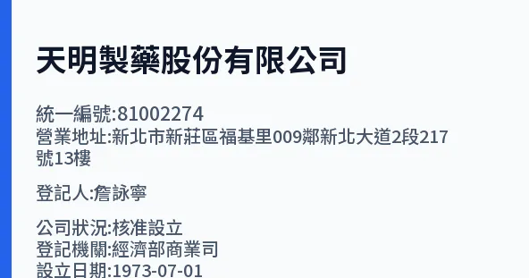 天明製藥股份有限公司的照片-統編 81002274(新北市) 公司登記資料與營業項目詳細圖表