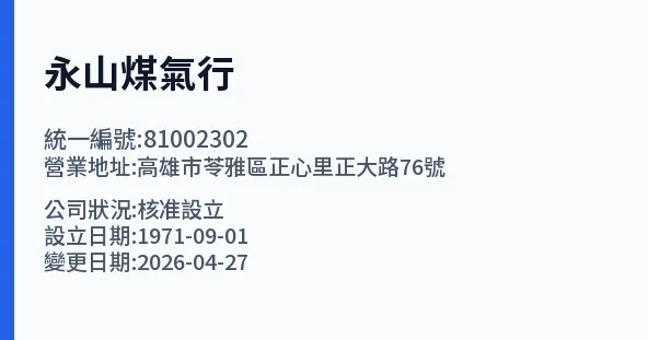 永山煤氣行的照片-統編 81002302(高雄市) 公司登記資料與營業項目詳細圖表