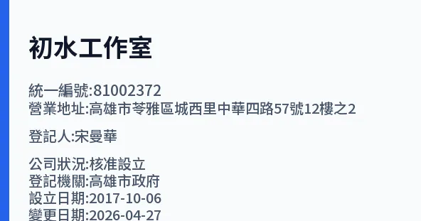 初水工作室的照片-統編 81002372(高雄市) 公司登記資料與營業項目詳細圖表